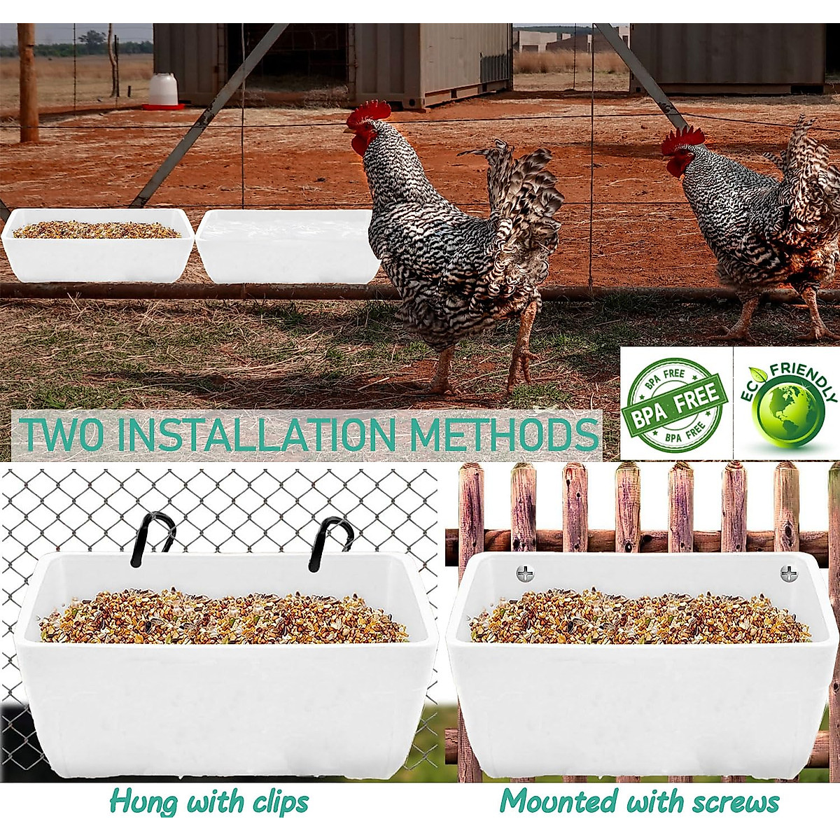 2 Pack Feeder Feed Trough and Waterer Bucket with Clips Chicken Hanging Poultry Feed Trough for Goat Sheep Deer Poultry Duck Chicken