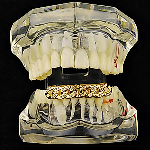 14k Gold Plated Cuban Link Grillz Iced Full Stone Bling Bottom Teeth Hip Hop Grills