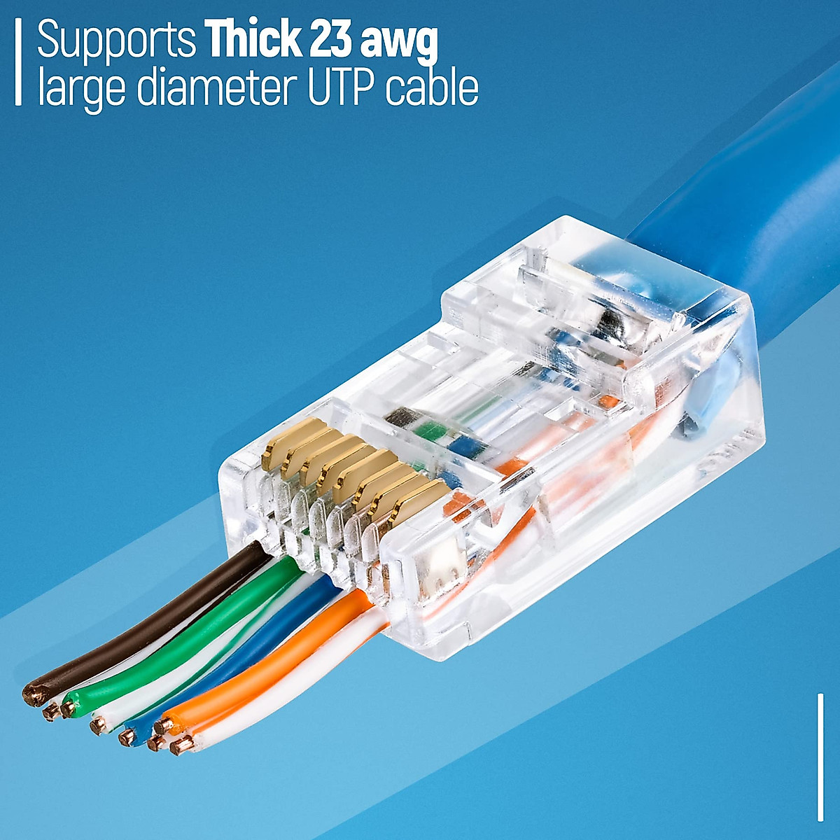 GTZ RJ45 Cat6/6a Pass Through Connectors for a Thick 23 AWG Large Diameter UTP Network Cable, 100 Pcs | Insert Guides Included