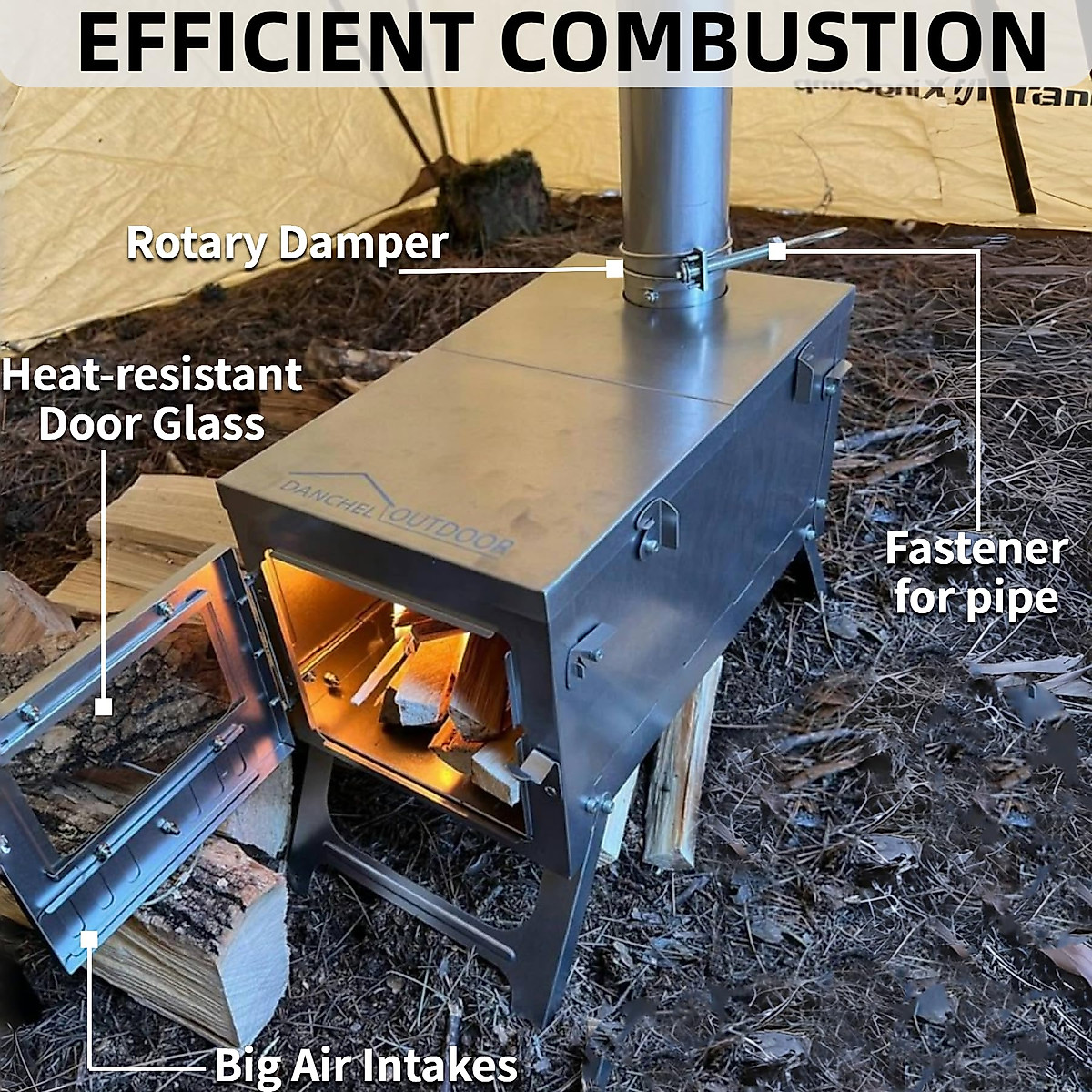 DANCHEL OUTDOOR T6 TA1 Titanium Wood Burning Stove Portable 4.4lbs, Folding Camping Tent Stove Lightweight Small Hot Tent Stove 7.2ft Chimney Backpacking