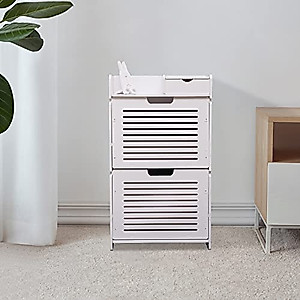 Shoe Cabinet 2Tier Shoe Storage Cabinet Tipping Bucket Design Narrow Shoe Cabinet 4 Pairs Shoes Capactiy Floor Shoes Cabinet with Doors White Shoe Rack Storage Organizer