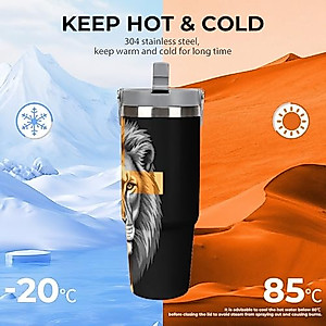 Lion Head with Cross 30 OZ Insulated Tumblers with Handle And Straw Leakproof Vacuum Insulated Stainless Steel Water Bottle for Car Fishing Travel