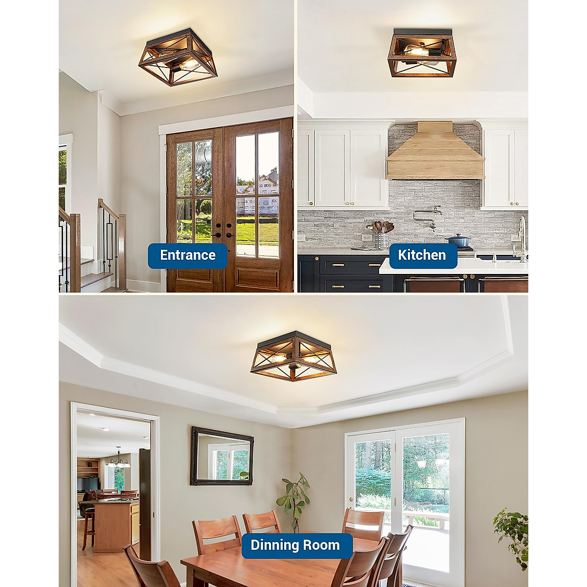 DEWENWILS Farmhouse Metal Flush Mount Light Fixture with Wood Grain Finish, 2-Light Ceiling Lamp for Kitchen, Hallway, Entryway, Foyer