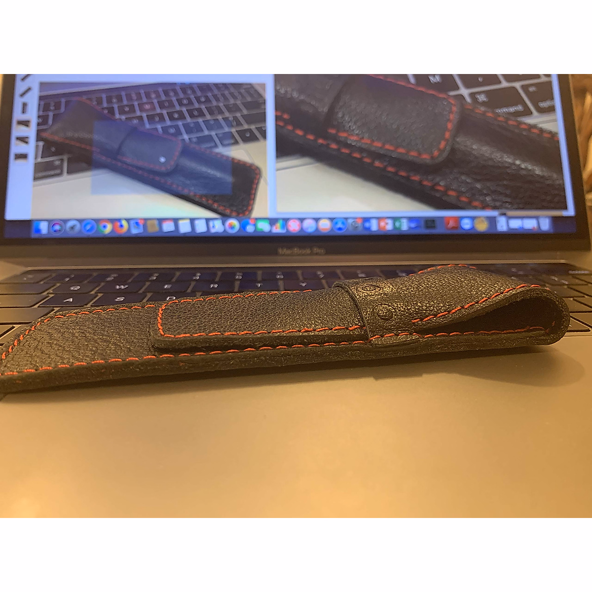 DiLoro Full Grain Leather Single Pen Case Holder Pouch Pencil Organizer (Buffalo Black w Red)