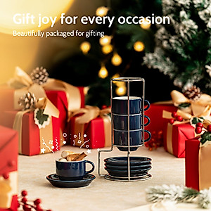 Sweese 4 Ounce Porcelain Stackable Espresso Cups with Saucers and Metal Stand Set of 4, Navy