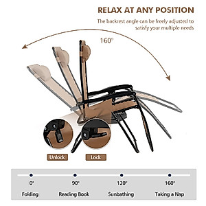 S AFSTAR Folding Reclining Lounge Chair, Outdoor Zero Gravity Recliner W/Side Tray & Detachable Headrest Pillow, Heavy-Duty Steel Frame, Reclining Folding Chair for Poolside, Backyard (1, Beige)
