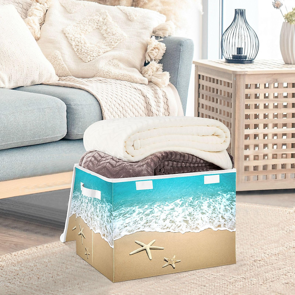 YETTASBIN Summer Beach Storage Basket with Lid and Handles, Large Collapsible Fabric Storage Bins Sturdy Storage Organizer for Shelves, Closet, Bedroom, School, Office, Home Decor