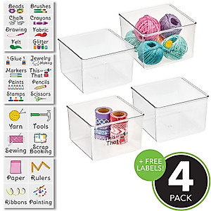 mDesign Stackable Plastic Craft, Sewing, Crochet Storage Container Box with Handles- Compact Organizer Bin, Holder for Thread, Beads, Ribbon, Glitter, Clay - 4 Pack, Includes 32 Labels - Clear