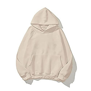 Lauweion Women Solid Basic Fleece Letter Loose Hoodie Sweatshirt Long Sleeve Kangaroo Pocket Drop Shoulder Pullovers Top Apricot
