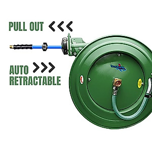 RMX BluSeal Auto Retractable Water Hose Reel with Hot & Cold Water Rubber Garden Hose, Spray Nozzle - Ultra Light, Super Strong with 6' Lead-in Hose (3/4” x 50’ Green)