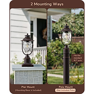 EDISHINE Dusk to Dawn Outdoor Post Light, Pole Light Fixture with Pier Mount Base, Waterproof Exterior Lamp Post Lantern Head with Water Ripple Glass for Driveway Yard Fence Garden Patio, Bronze