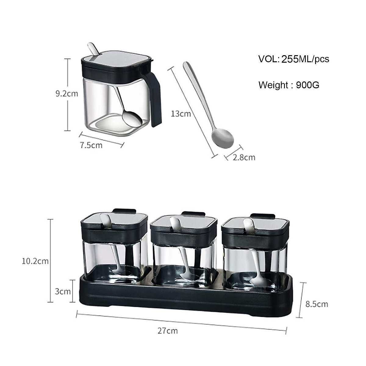 W WBLD Glass Condiment Jar Spice Container with Lids and Spoons, Square Clear Seasoning Sugar Containers Set with Base, Sugar Pepper Salt Spices Bowl for Kitchen Countertop,3pcs