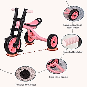 Qaba 3 Wheel Kids Tricycle Toddler Walking Trikes with Adjustable Seat for 3-6 Years Old Boys & Girls Pink