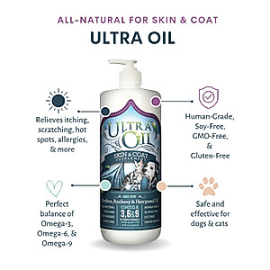 Ultra Oil Skin and Coat Supplement for Dogs & Cats - Hemp Seed Oil, Flaxseed Oil, Grape Seed Oil, Fish Oil for Relief from Dry Itchy Skin, Dandruff, and Allergies (8oz)