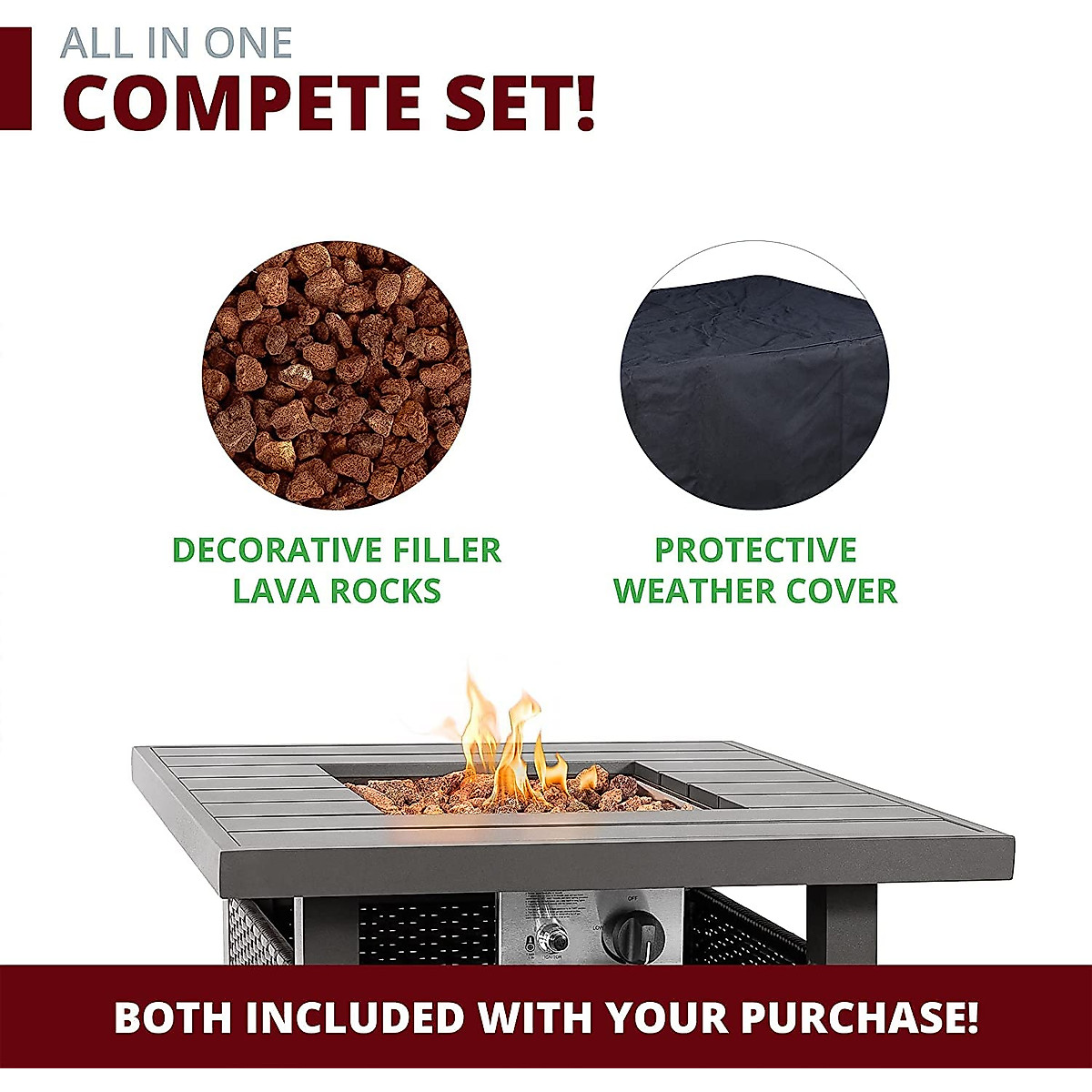 28" Propane Gas Fire Pit Table 50,000 BTU Square Propane Small Patio Auto-Ignition with Aluminum Tabletop and Weather Cover for Indoor Outside Patio and Garden, Backyard, Included Accessories-Grey