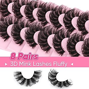 Mink Lashes Fluffy Wispy False Eyelashes 8 Pairs D Curl Faux Mink Lashes that Look Like Extensions Dramatic Long Volume Lashes Pack by Eefofnn