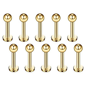 Ruifan 10PCS 16G Gold Plated 316L Stainless Steel 3mm Ball Labret Monroe Lip Ring Tragus Helix Cartilage Earring Stud Barbell 6mm Bar Length Body Piercing Jewelry