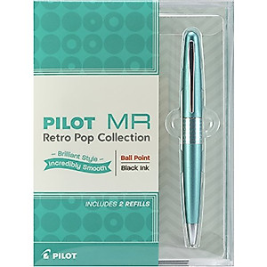 PILOT MR Retro Pop Collection Ballpoint Pen Gift Box with 2 Refills, Aquamarine Barrel with Dots Accent, Medium Point Stainless Steel Nib, Refillable Black Ink (91499), Aquamarine/Dots