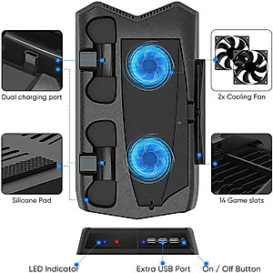 Cooling Fan Vertical Stand Compatible with Playstation 5 with DualSense Controller Charging Station and 14 Game Slots - 4 Thumbstick Caps Included
