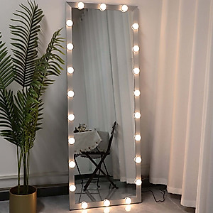 ANYHI Mirror with Lights Full Length, 62.6'' x 23.3'' LED Full Body Floor Dressing Mirror with 22 Dimmable Bulbs, Dimmable, 3 Color Lighting, Wall Mount/Standing (Silver)