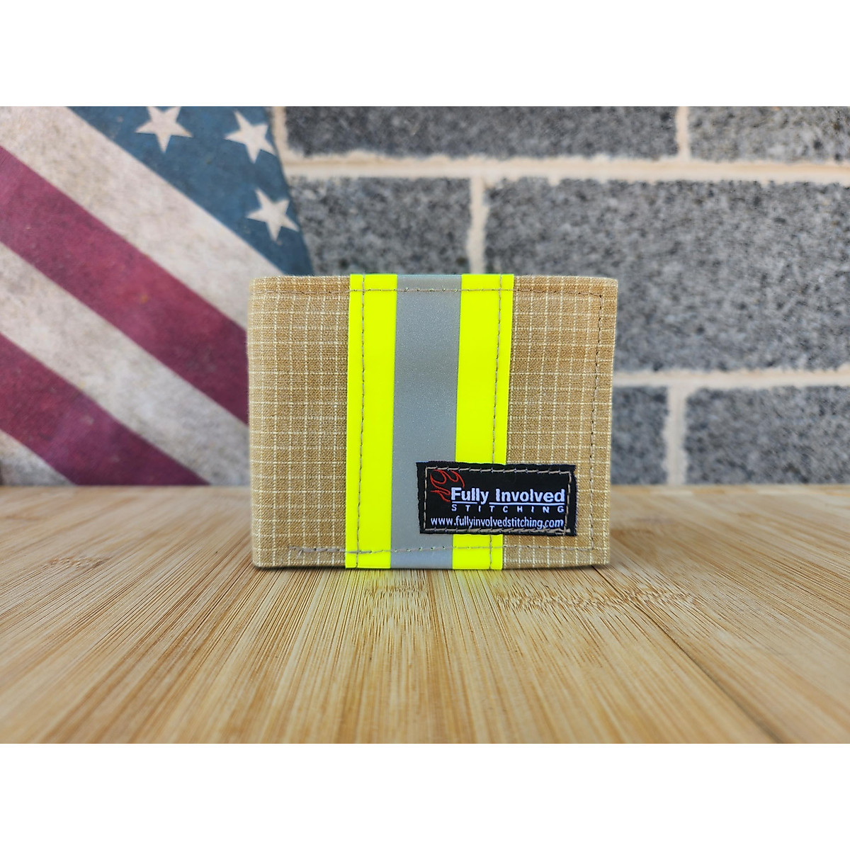 Fully Involved Stitching Firefighter Personalized Tan Turnout Bunker Gear Bi Fold Captain Wallet