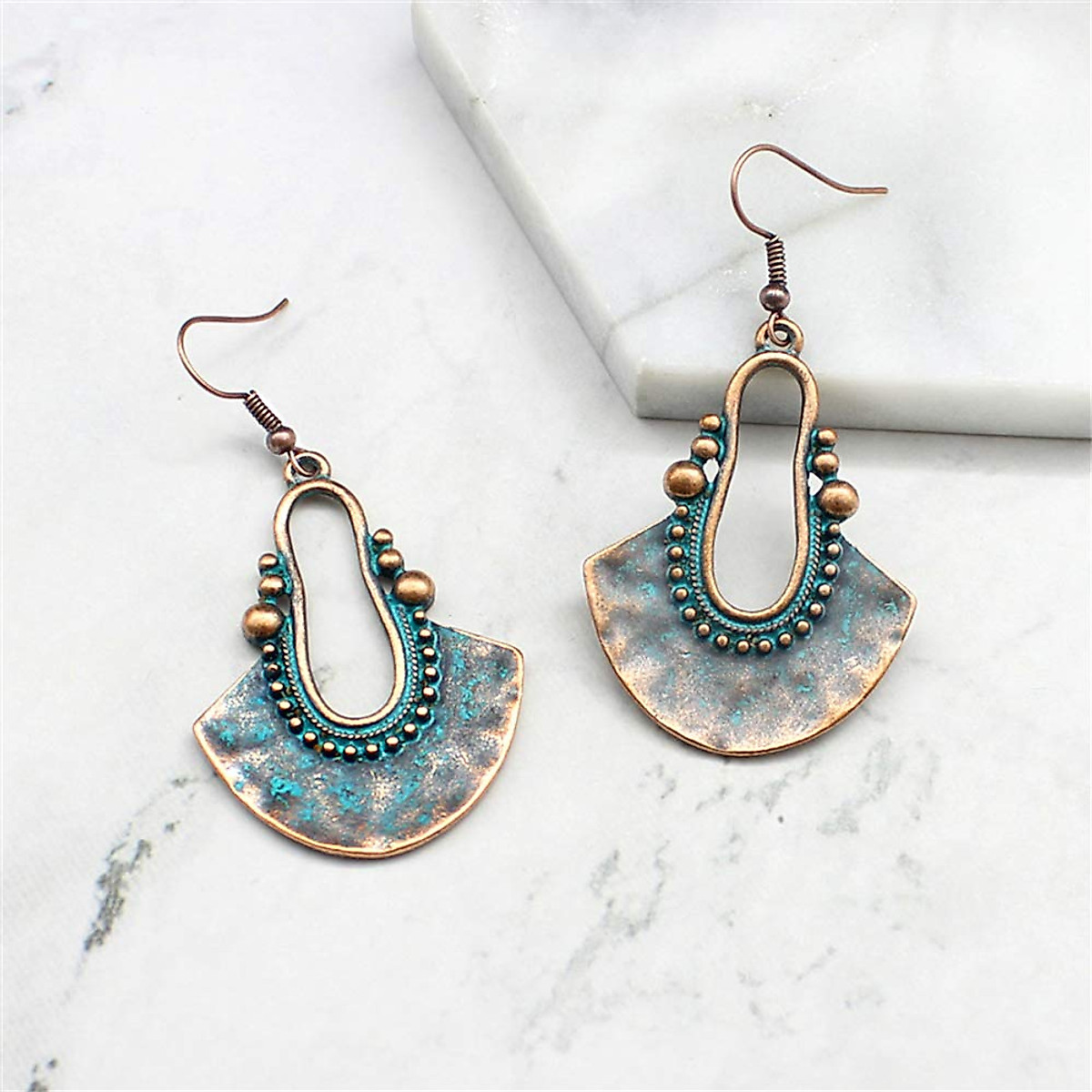 Boho Chic Handmade Hollow Shield Shape with Hammered Drop Earrings Vintage Statement Dangle Earring For Women (Bronze)