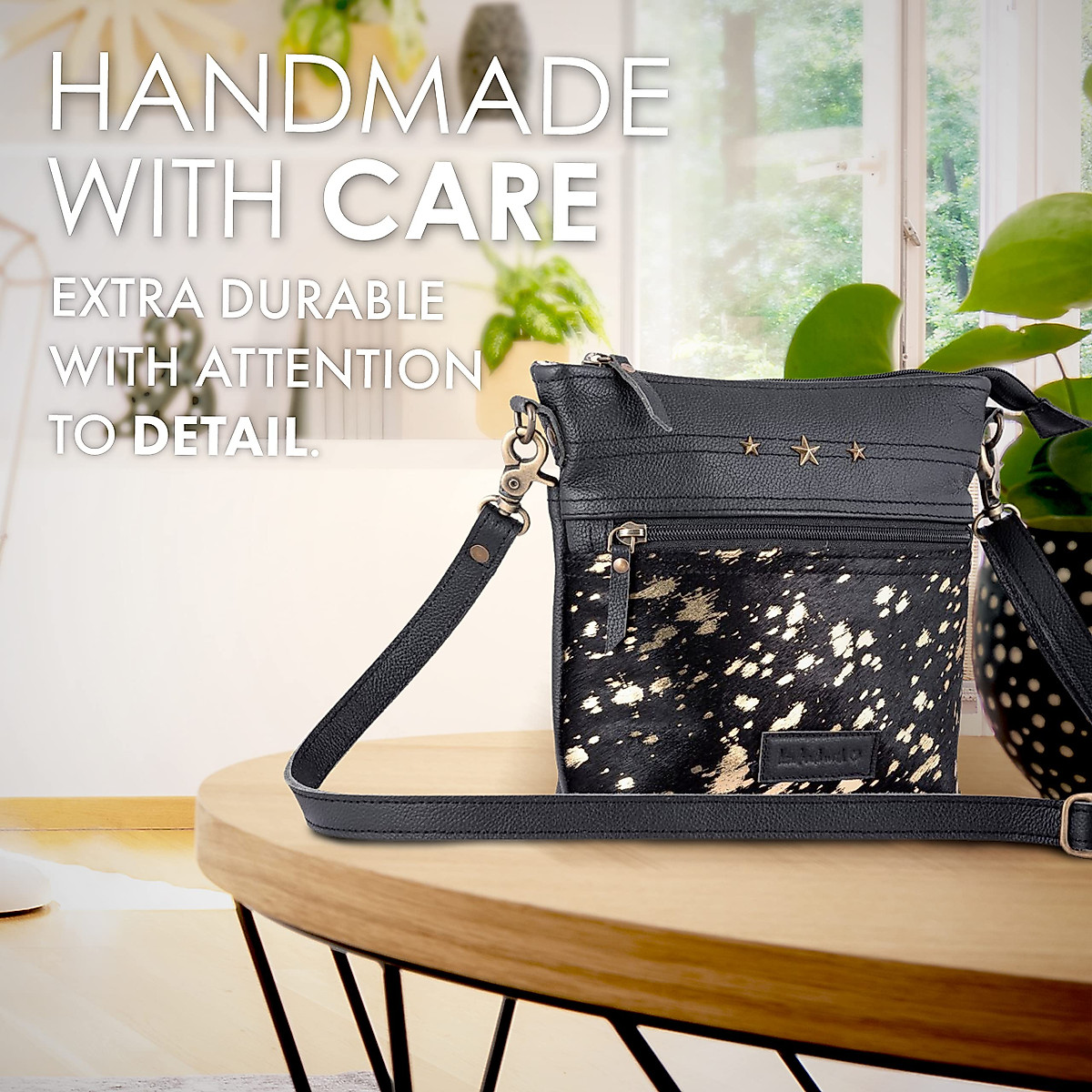 SIXTEASE Crossbody Bag for Women Vintage Style Genuine Leather, Upcycled Canvas, Rug, or Hair On - Cross Body Womens Bags with Inside Zipper Pockets - Black