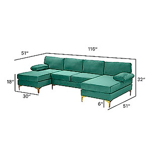 Modern Large Velvet Fabric U-Shape Sectional Sofa, Double Extra Wide Chaise Lounge Couch with Gold Legs