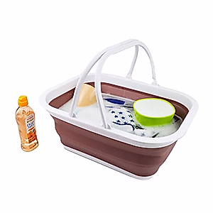 SAMMART 15L (4 Gallons) Collapsible Basket with Handle - Portable Outdoor Picnic Basket/Crater - Foldable Shopping Bag - Space Saving Storage Container (Dark Sea Green + Dusky Pink)