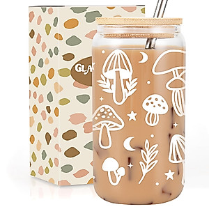 GSPY Mushroom Cup, Mushroom Gifts, 16oz Glass Coffee Cups with Lids and Straws - Cute Mushroom Stuff, Cute Mugs Aesthetic, Mushroom Mug Tumbler - Drinking Glasses, Mothers Day Gifts for Women