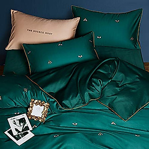RoyalLinens 4 Piece Luxury Emerald Green Duvet Cover Set 100% Cotton 60S Sateen Bedding Sheets Percale Bedclothes with Bees Printed Bed Linen (Queen Size 4pcs)