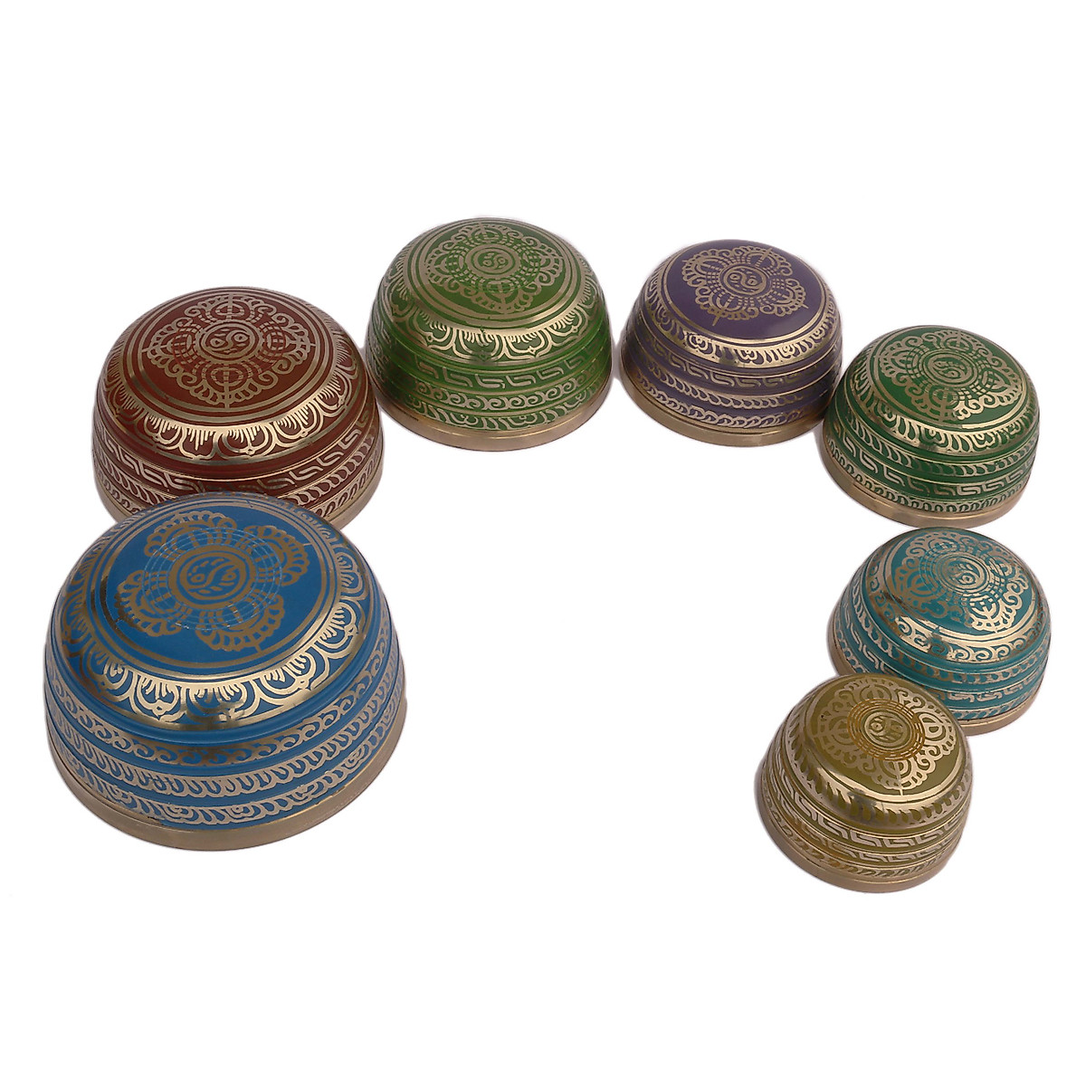 Khusi Tibetan Singing Bowl Set of 7, Handmade, 7 Colors Singing Bowl, Chakra healing, Relaxation, Stress Relief and Spiritual Singing Bowl, Comes w/silk cushions, 4 sticks and Brocade Box