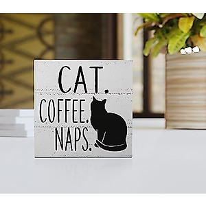 Cat Coffee Naps Funny Black Cat Wood Box Sign Desk Decor,Rustic Wooden Block Sign Decorations for Home Kitchen Office Cafe Coffee Bar Wall Tabletop Shelf Decor,Gifts for Coffee Lovers Cat Lovers