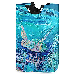 visesunny Ocean Sea Turtle Large Capacity Laundry Hamper Basket Water-Resistant Oxford Cloth Storage Baskets for Bedroom, Bathroom, Dorm, Kids Room