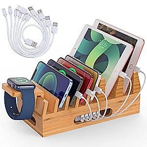 Pezin & Hulin Bamboo Charging Station Organizer for Multiple Devices & Wood Desktop Docking Charging Stand Such As Cell Phone, Tablets, Phone Case and Watch Stand (No USB Charger)