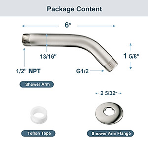 BRIGHT SHOWERS 6 Inch Brass Shower Arm with Flange Shower Pipe Arm for Wall Mount Fixed and Handheld Shower Head, Brushed Nickel