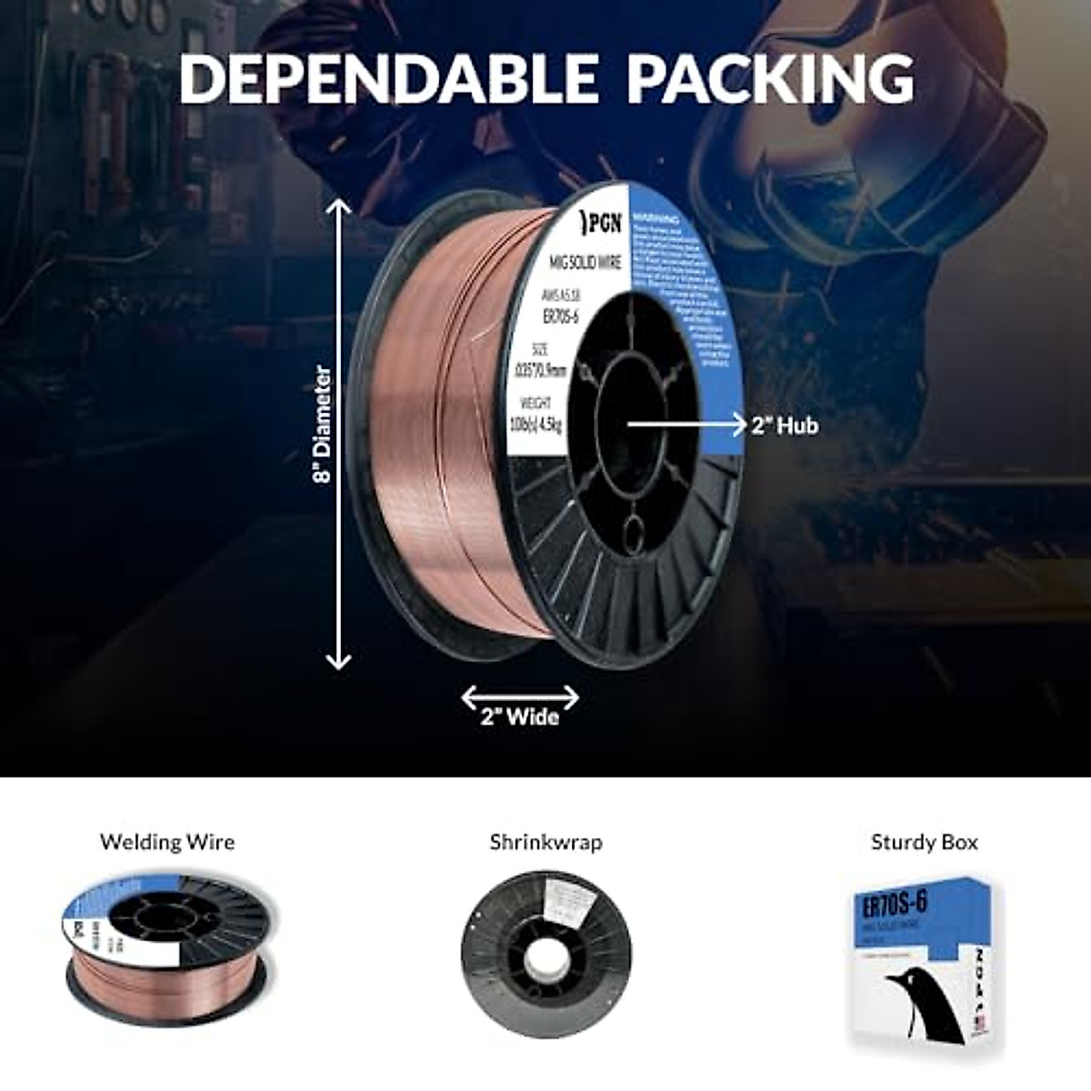 PGN Solid MIG Welding Wire - ER70S-6 .035 Inch - 10 Pound Spool - Mild Steel MIG Wire with Low Splatter and High Levels of Deoxidizers - For All Position Gas Welding