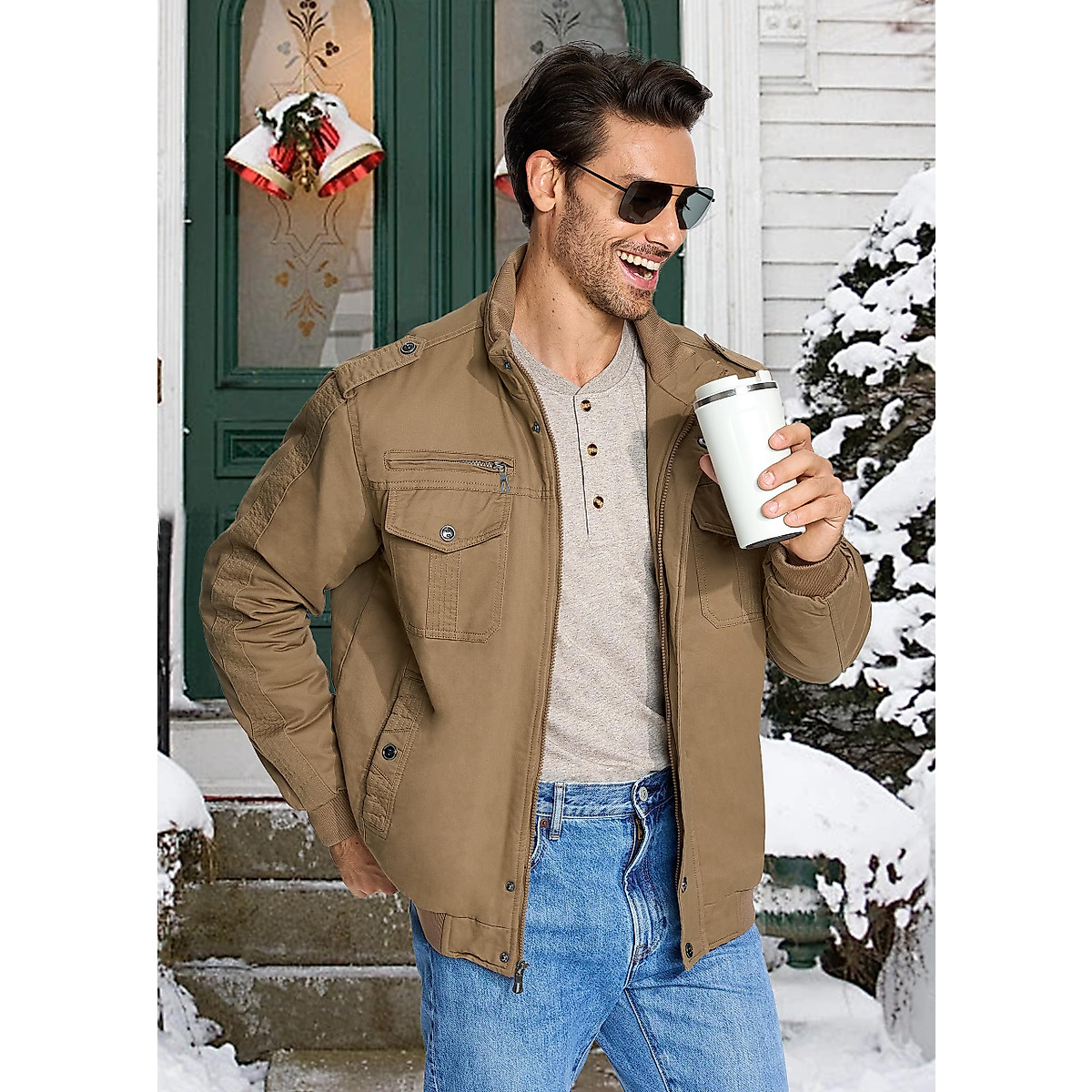 EKLENTSON Men's Warm Winter Coat, Khaki, X-Large