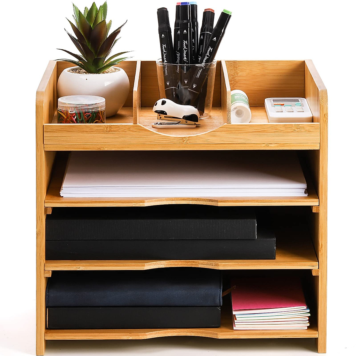 DEAYOU Bamboo Desk File Organizer, 13" Document Letter Tray Sorter with 2 Adjustable Shelves, 4 Tier Mail Organizer Countertop, Paper Storage Holder Box Cubby for Magazine, Office, Home, School