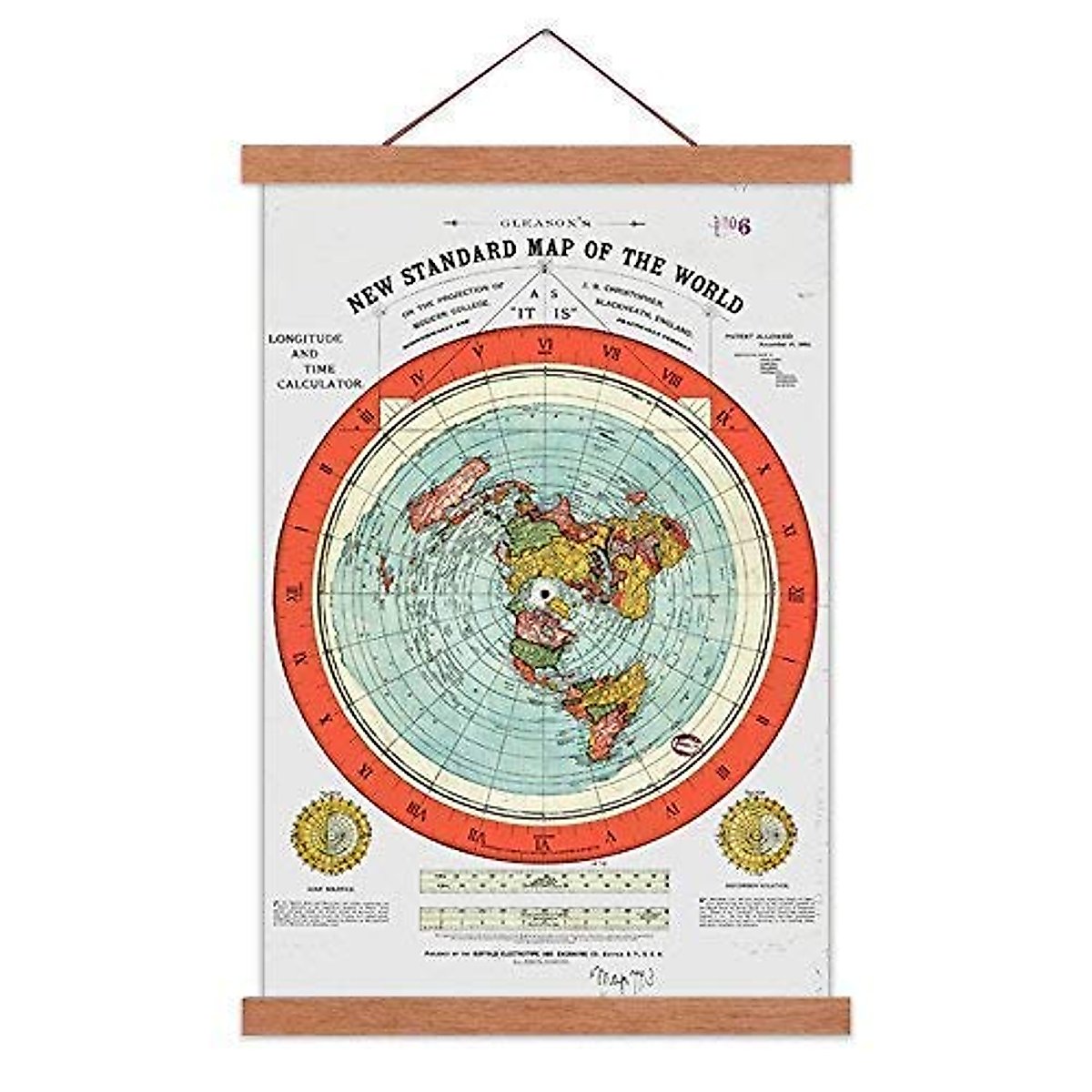 AlexArt Flat Earth Map - Gleason's New Standard Map of The World - Large 24"X36" Canvas Print Scroll Poster with Teak Wood Frame Ready to Hang