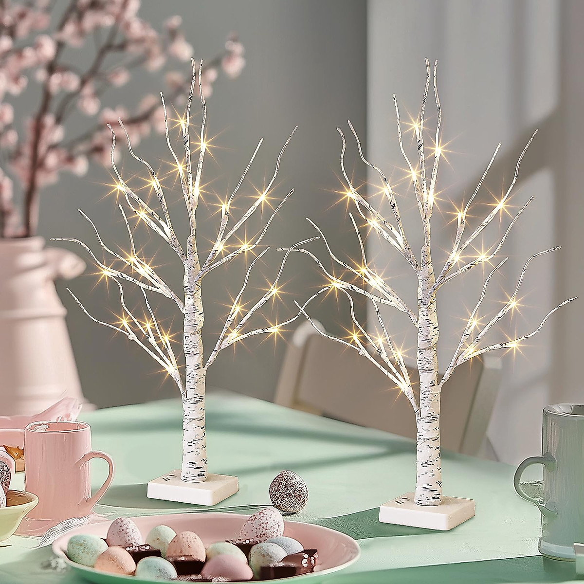 PEIDUO Easter Decorations for The Home, Set of 2 Easter Tree Battery Powered Timer, Lighted Birch Tree with LED Lights, Mantle Decor Lighted Trees for Decoration Inside (2FT Warm White)