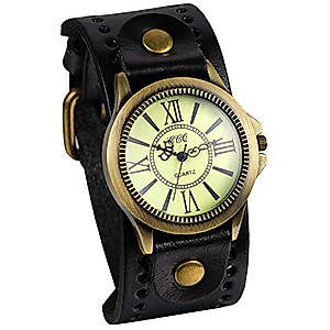 Avaner Unisex Punk Retro Bronze Round Dial Black Wide Leather Belt Strap Cuff Bracelet Roman Numerals Analog Quartz Wrist Watches