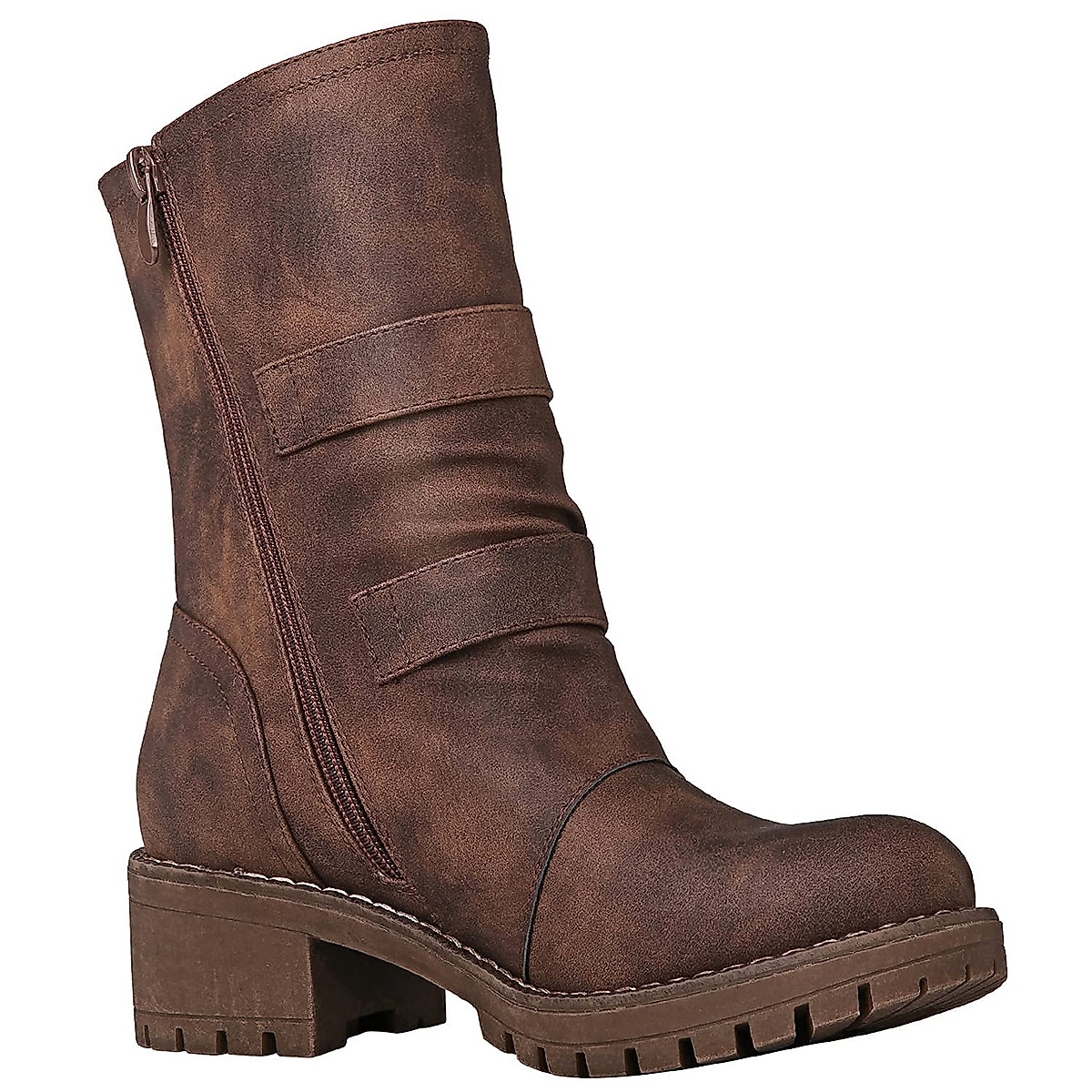 GLOBALWIN Women's Biker Boots Lace up Mid Calf Motorcycle Fashion Festival Boots Combat Riding Military Boots for Women Brown Size 7