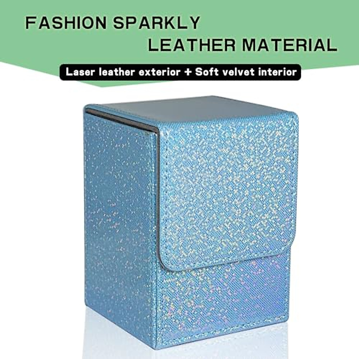 Dmoicols Sparkly Card Deck Box Holds 100+ Single Sleeved Cards,Leather Card Storage Case,MTG Commander Deck Box with 2 Dividers fit TCG CCG Magic Cards Vertical (Sparkly Light Blue Point)
