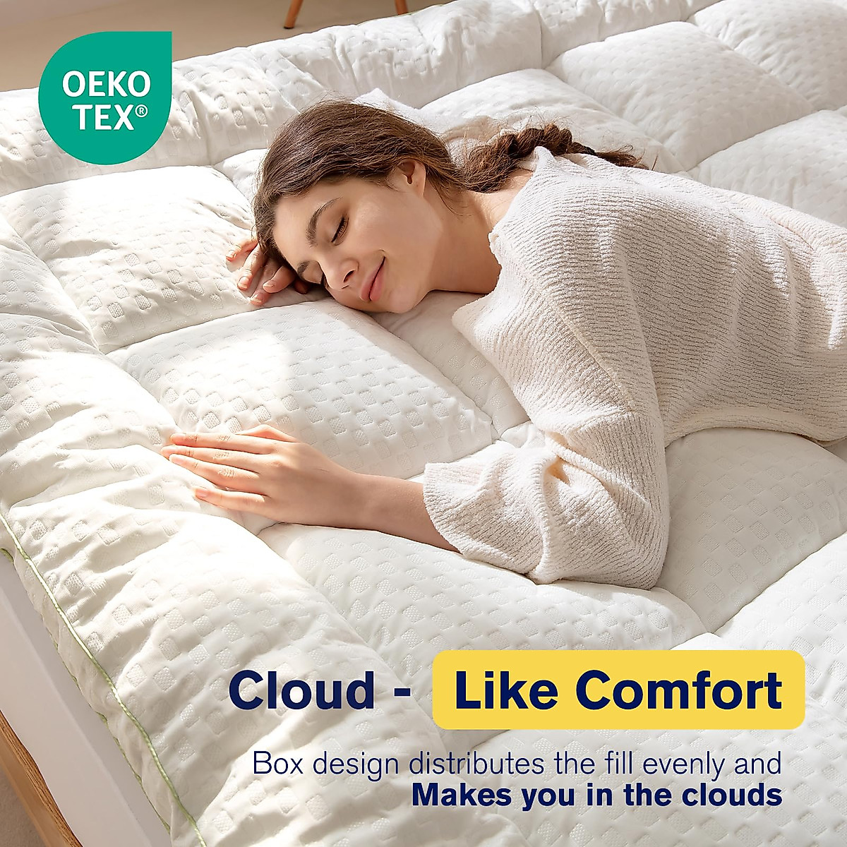 Cooling Mattress Topper Queen or Back Pain, Extra Thick Mattress Topper Cover, Plush Pillow Top Overfilled with Down Alternative, Deep Elastic Pocket, White