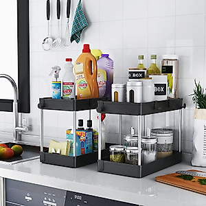 2 Pack Under Sink Organizer,2 Tier Under Sink Organizers and Storage,Under Cabinet Organizer with Hooks,Multi-Purpose Standing Rack Organizer for Bathroom Kitchen