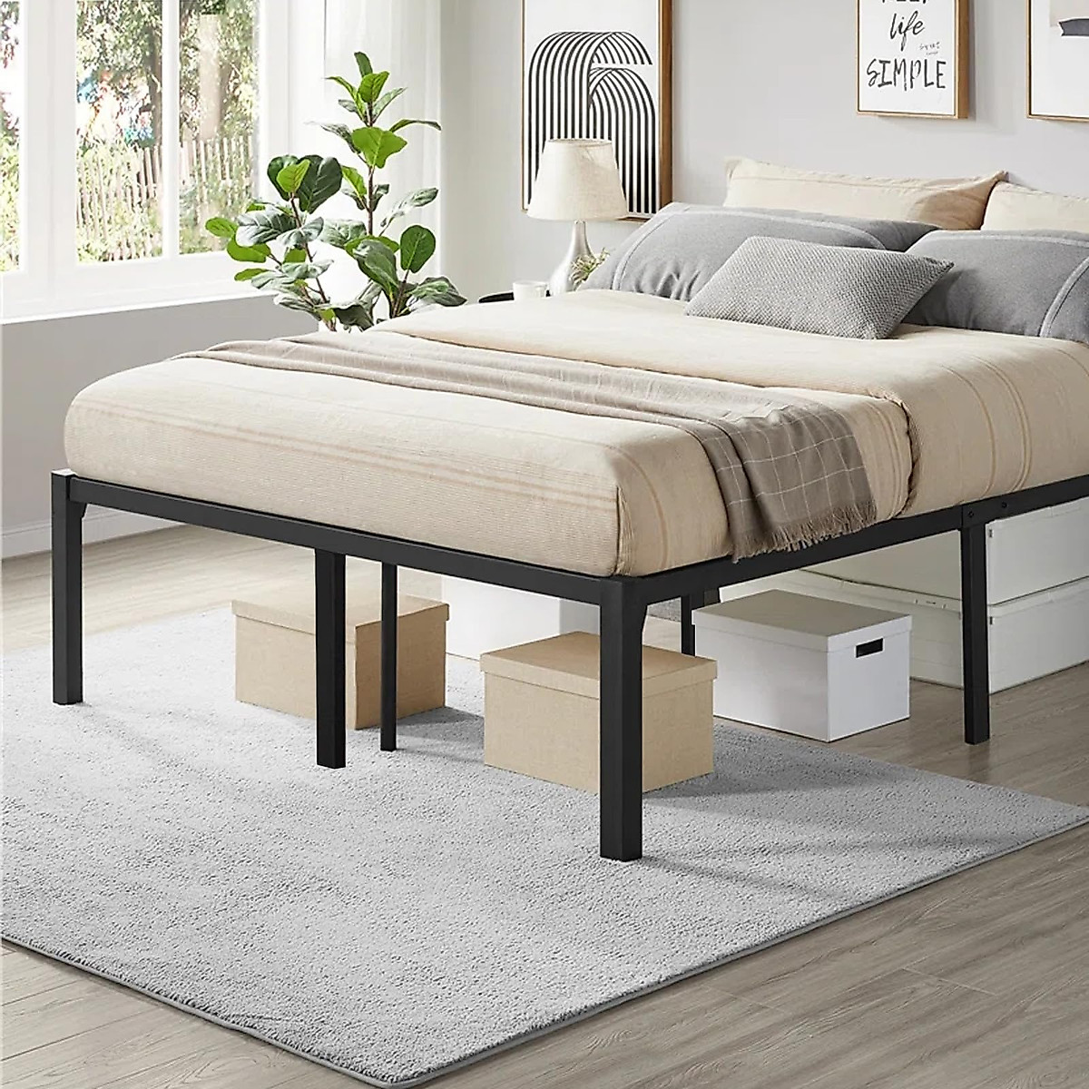 BRONOM Bed Frame Queen Size Platform Bed Frame Bedframe Metal Black Double Bed Frame Easy Assembly 14 Inch High Strength Metal Durable Sturdy Noise Free No Box Spring Needed