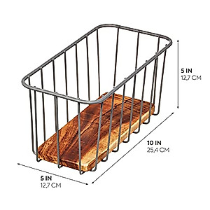 The Ría Safford Collection by iDesign Pantry Wire Basket with Acacia Wood, 10" x 5" x 5", Charcoal