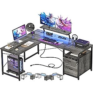 Unikito L-Shaped Desk with Power Outlet and LED Strip, L Shaped Computer Corner Desk with Reversible File Drawer and Monitor Stand, Gaming Table Writing Desk for Home Office Workstation, Black Oak