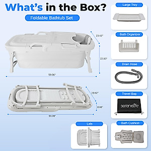 SereneLife Freestanding Portable Bathtub Spa Set – Large 59" Foldable Bath, Cushion, Stretchable Drain Pipe, Massager Rollers, Cleaning Spray & Storage Bag